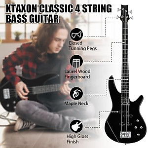 Ktaxon Electric Bass Guitar 4 String Bass Guitar with 20 Watt Amplifier, PJ Type Pickup, Naturally air-dried Maple Neck, Rosewood Fretboard, Basswood Body(Black)