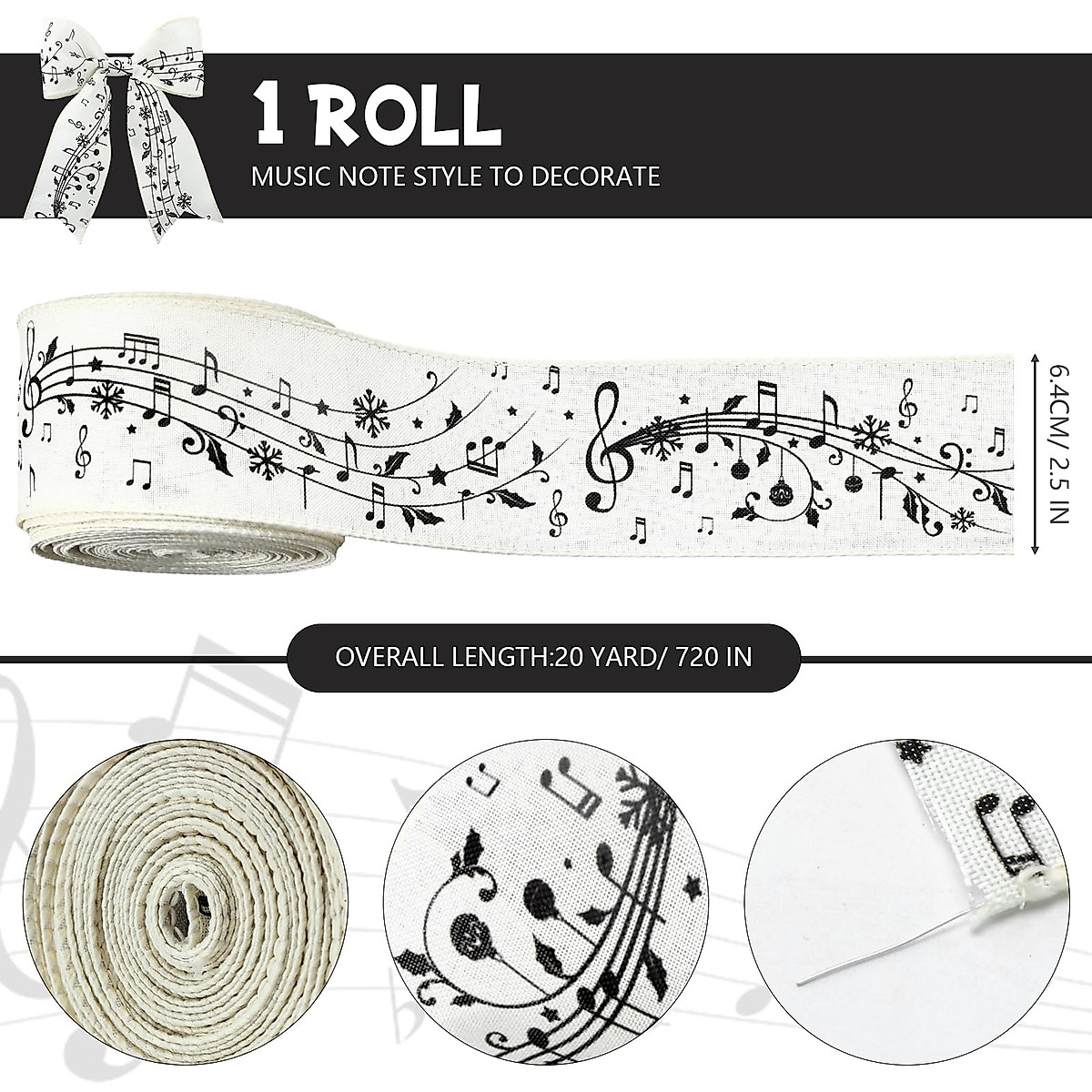 Handicraft Ribbon 2.5 Inch 20 Yards Christmas Note Ribbon Music Theme Ribbon Binding Ribbon Roll Gift Packaging DIY Crafts Wedding Birthday Holiday Backing Packaging Supplies, Ivory and Brown.