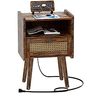 YAKANJ Small Nightstand with Charging Station,Mid Century Modern Nightstand with Rattan Decor,Night Stand End Table Side Table with 2 Tiers Storage Shelf for Small Spaces,Bedroom,Living Room-Brown