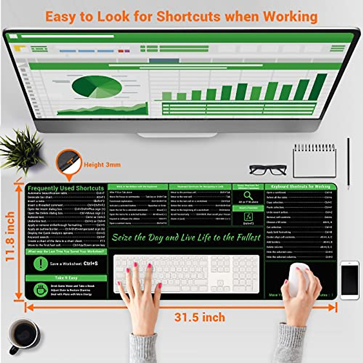 ProbTis Large Excel Shortcut Mouse Pad, Extended Office Mouse Pad with Stitched Edges, Waterproof, Non-Slip Base Keyboard Mats for Desk, XL Giant Mouse Pads for Desk, 31.5”x11.8”, Geek Gifts