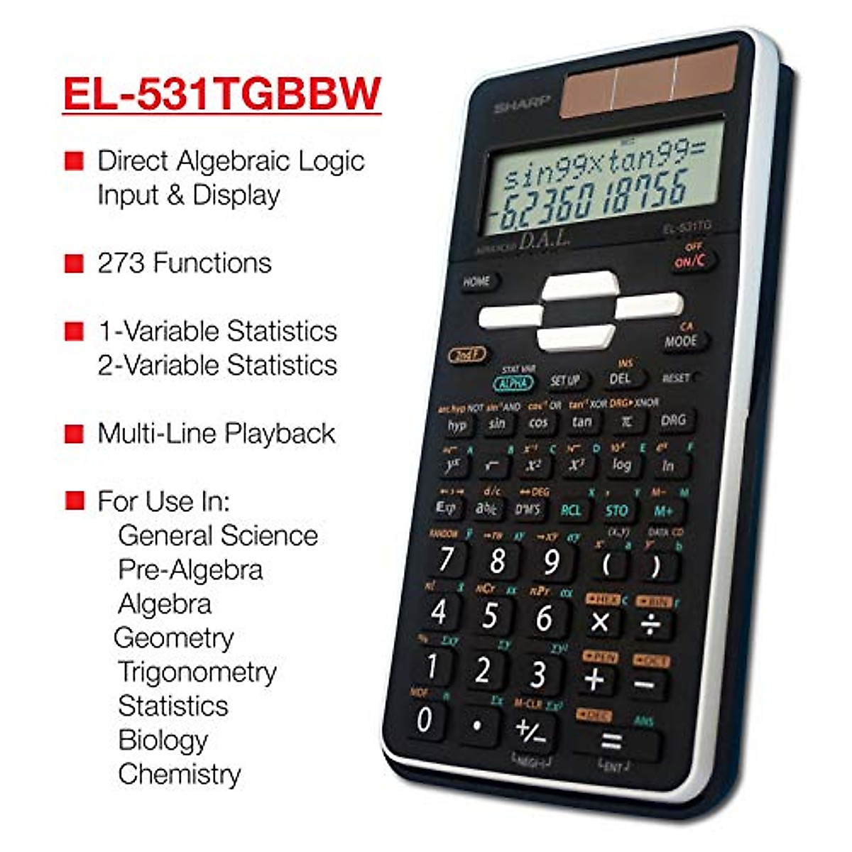 Sharp EL-531TGBBW 12-Digit Scientific/Engineering Calculator with Protective Hard Cover, Battery and Solar Hybrid Powered LCD Display, Great for Students and Professionals, Black,Black and White