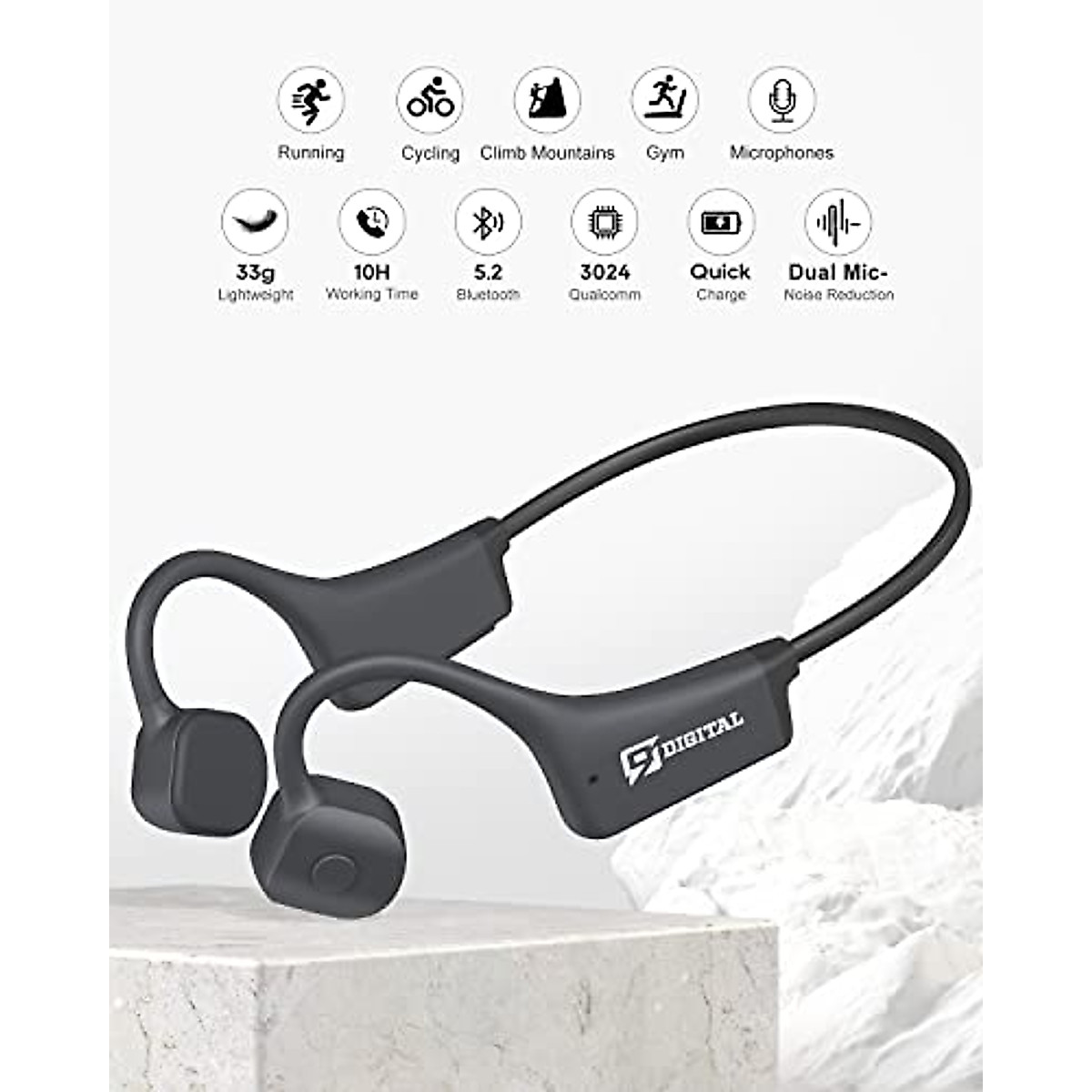 Bone Conduction Headphones Bluetooth 5.2,IP67 Waterproof Open Ear Headphones with Mic,Sweatproof Wireless Sport Earphones,Inductivv Bone Conduction Headset for Workouts,Running,Cycling and Gym(Black)