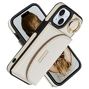 Keallce Case for iPhone 15 Wallet Case, Flip Leather Case with 4 Card Holder, Ring Holder Kickstand Protective Folio Phone Cover for Women Ladies, Beige