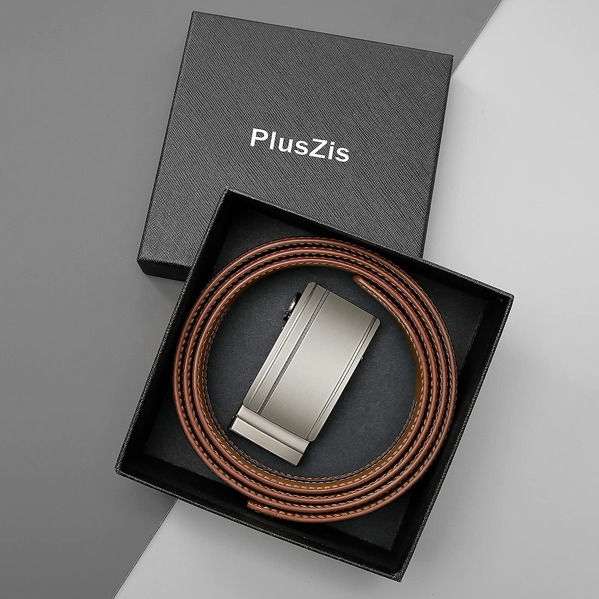 PlusZis 28"-68" Men's Leather Ratchet Dress Belt Big And Tall With Automatic Buckle