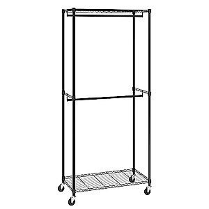 VEVOR Heavy Duty Clothes Rack, Double Hanging Rods Clothing Garment Rack with Bottom and Top Storage Tier, Rolling Clothing Rack for Hanging Clothes, 1'' Diameter Thicken Steel Tube Hold Up to 300Lbs