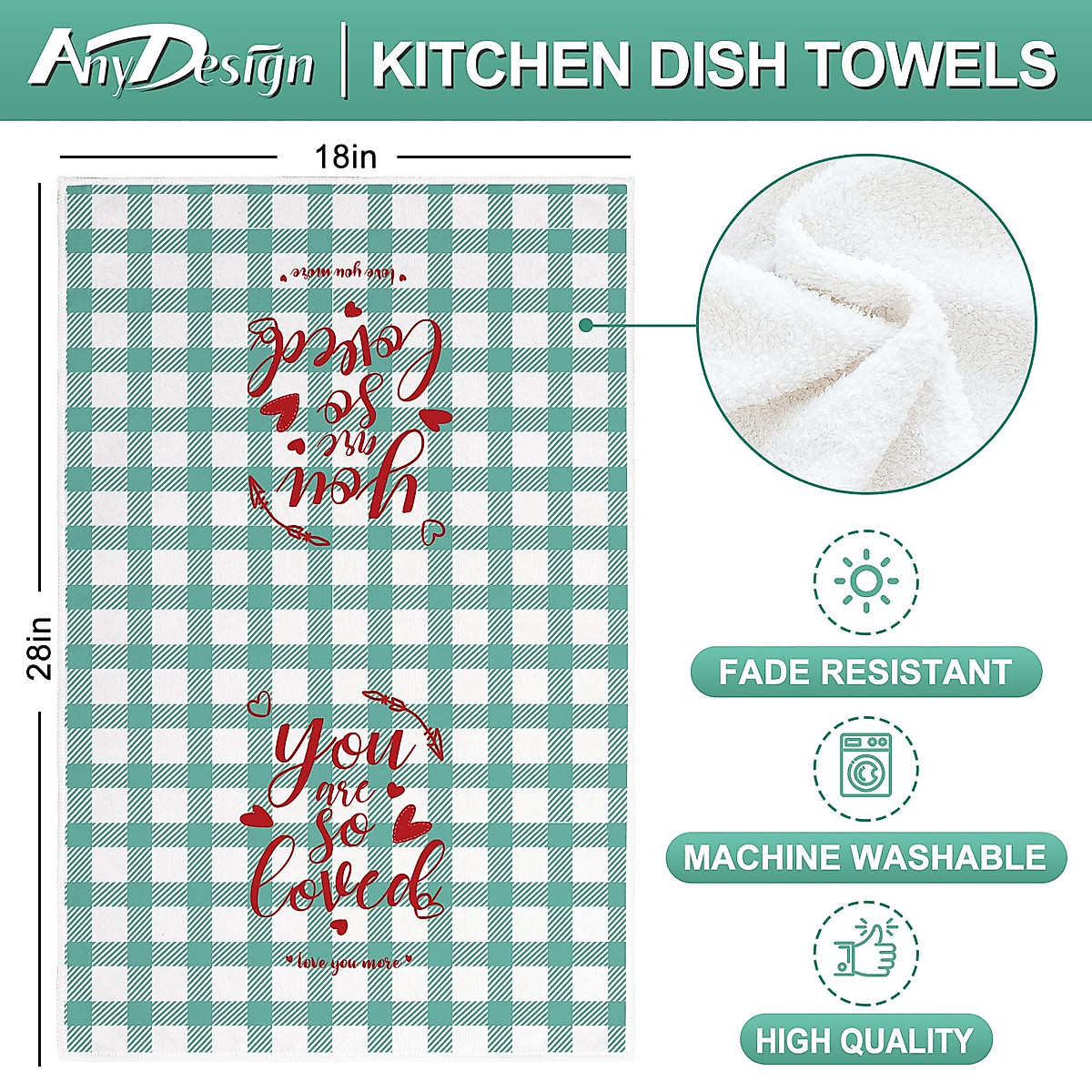 AnyDesign Valentine's Day Kitchen Towel Romantic Heart Love Truck Dish Towel 18 x 28 Inch Blue White Buffalo Plaids Hand Drying Towel Tea Towel for Wedding Anniversary Cooking Baking, Set of 4