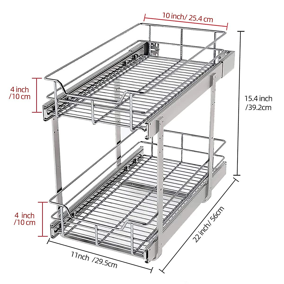 STORKING 2 Tier Kitchen Cabinet Pull Out Organizer, Slide Out Pantry Storage Basket in Multiple Sizes,for Kitchen Base Cabinets,Anti-Rust Chrome-Plating,11 "Wx 22 "D x 15.4 "H