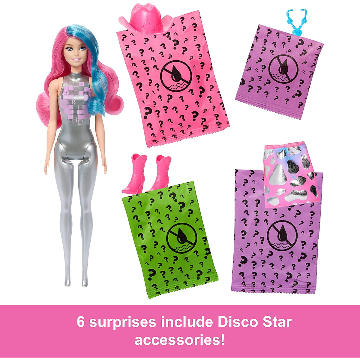 Barbie Color Reveal Fashion Doll & Accessories with 6 Surprises, Disco Star Series with Metallic Shine & Color-Change Bodice (Styles May Vary)
