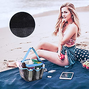 Shower Tote Bag, Portable Shower Caddy Tote Organizer with Handle and 7 Pockets, Mesh Shower Bag for Dorm Room Gym Bathroom Camping, Large Capacity (Black, Blue)