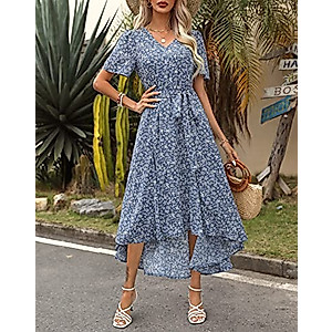 Maggeer 2023 Womens Casual Summer Dresses Short Sleeve Cute V Neck Ruffle Boho A Line High Low Flowy Swing Beach Modest Floral Maxi Dress with Pockets Dusty Blue XL