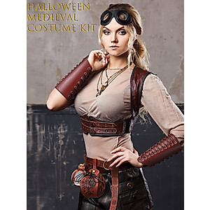 Medieval Faux Leather Set Adults Faux Leather Arm Guards Drawstring Faux Leather Pouch Halloween Dark Magic Cork Potion Bottle Knight Leather Belt Brown