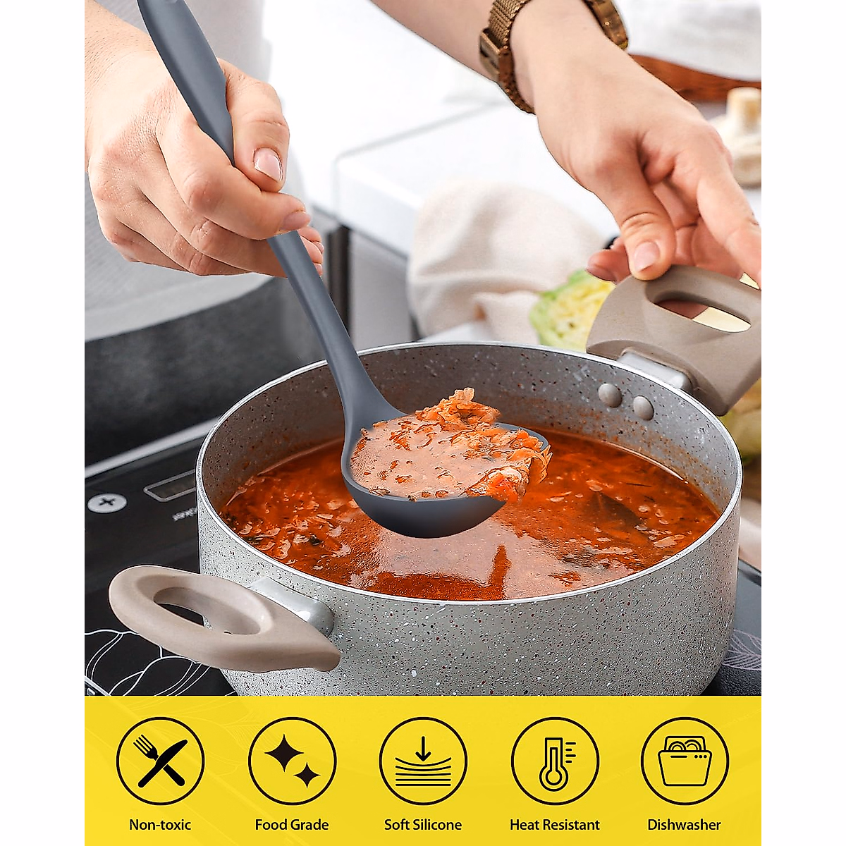 3 Pcs Silicone Kitchen Utensils Set, Soup Ladle-Pasta Fork-Slottede Spoon, Nonstick BPA Free High Heat Resistant Cooking Utensils for Mixing, Serving, Draining, Turning, Stirring