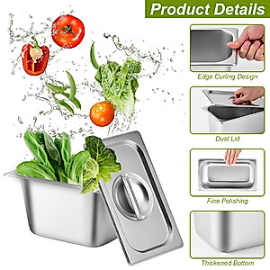 1/6 Size 8 Pack Stainless Steam Hotel Pan with Lids, 6" Deep 1.2 mm Thick Stainless Steel Jam Steam Pan, Steam Table Pan for Restaurant, Hotel, Party