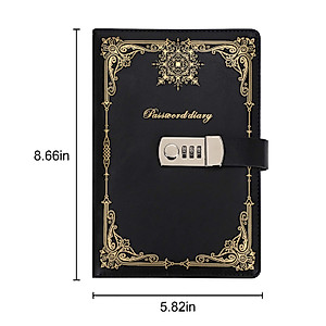 IPENNY A5 Vintage Leather Journal with Combination Lock Digital Password Journal with Bookmark Pen Loop Retro Privacy Notebook Writing Travel Diary Locking Journal, 100 Sheets (#2,Black)