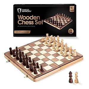 Chess Armory Wooden Chess Set with Free Online Chess Course - 15 Inch Portable Travel Chess Board Game for Adults and Kids - Home Use and Educational Chess School and Chess Club Tournaments