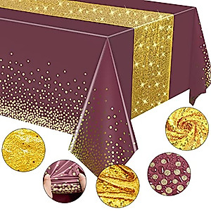 Tablecloth and Sequin Table Runner Set Polka Dots Confetti Table Cover Dining Plastic Table Cloths Glitter Decorations for Birthday Wedding Anniversary Party Supplies (Maroon, Gold, 2 Pcs)