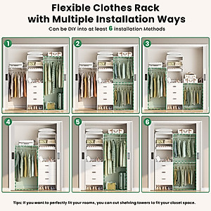 Cyclysio Closet System, 8FT Closet Organizer System with 3 Wooden Drawers, 96'' Walk-in Closet with 3 Hanging Rods & 3 Shelf Tower, Adjustable Wall Mount Closet Organizer, Build-in Garment Rack,White