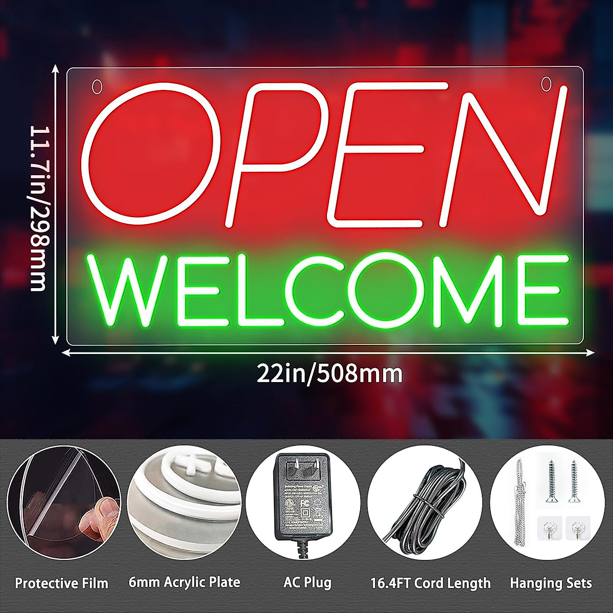 Open Welcome Signs for Business Ultra Bright LED Neon Open Sign 22 Inch Lighted Open Sign Electric Plug In Light Up Open Sign for Business Storefront Window Glass Door Shop Store Bar Salon