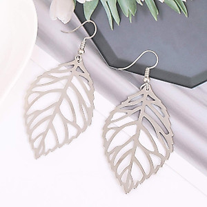 NVENF Leaves Earrings and Long Necklaces Set Multi Tiered Leaf Pendant Necklace Fashion Statement Earrings Metal Sparkling Modern Jewelry Sets (C Silver & Black)