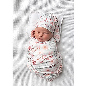 Terriboo Newborn Receiving Blanket and Headband Set Flower Print Baby Swaddle Wrap Floral (Pink 2)