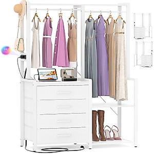 Cyclysio Small Clothes Rack with 4 Drawers, Reversible Garment Rack with Storage Shelves & Charging Station, Freestanding Closet System Organizer with 2 Hooks for Small Spaces, White