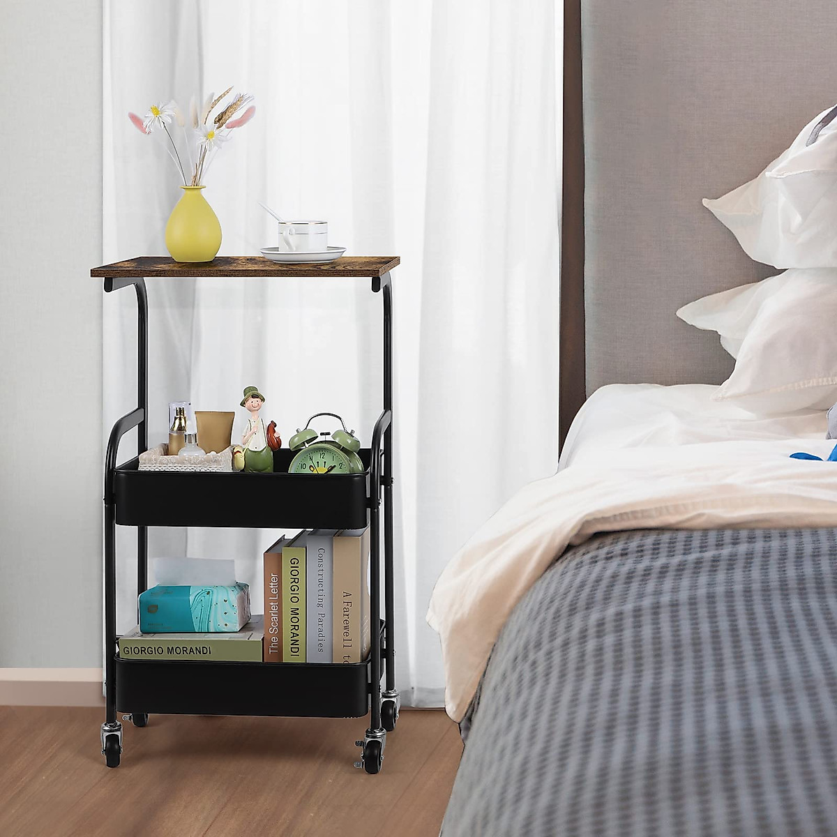 smusei 3 Tier Rolling Cart with Wooden Tabletop, Metal Utility Cart with Lockable Wheels, Black Rolling Storage Organizer Cart with 2 Baskets for Living Room, Bathroom, Bedroom, Office, Kitchen