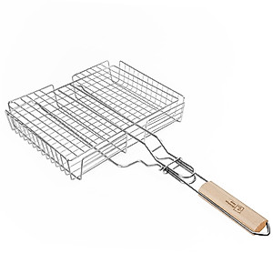 DOUBLE TWO - Stainless Steel Grill Basket, Grill Baskets for Outdoor Grill, Fish Grill Basket, for Meat Vegetable, Grilling Basket, BBQ Accessory, With Adjustable Cover & Detachable Handle, 1Pcs