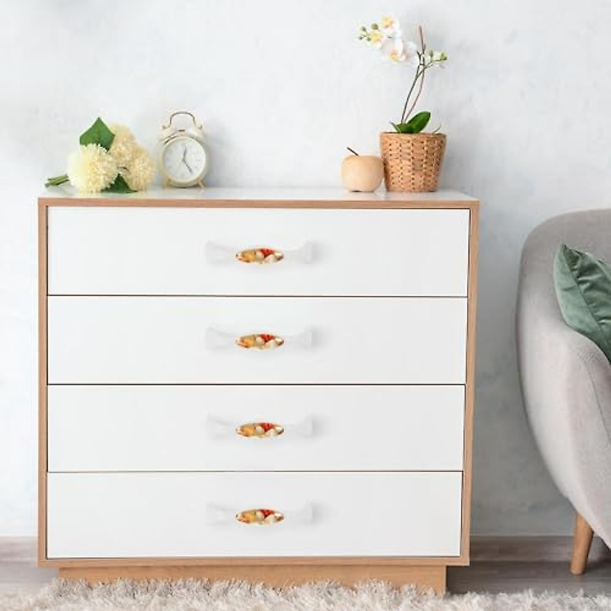 RODAILYCAY Shell 4 Packs Kitchen Drawer Pulls, Crystal Glass Cabinet Handles Pulls, Cupboard Door Knobs, Kitchen Hardware Pulls for Dresser Drawers