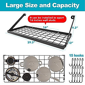 Vdomus Hanging Pot Rack, Wall Mounted Pots and Pans Holder 29.3 by 13 Inch | Kitchen Cookware Organizer for Pots and Pans Storage 15 Hooks, Ideal for Pans, Utensils, Cookware in Square Grid | Black