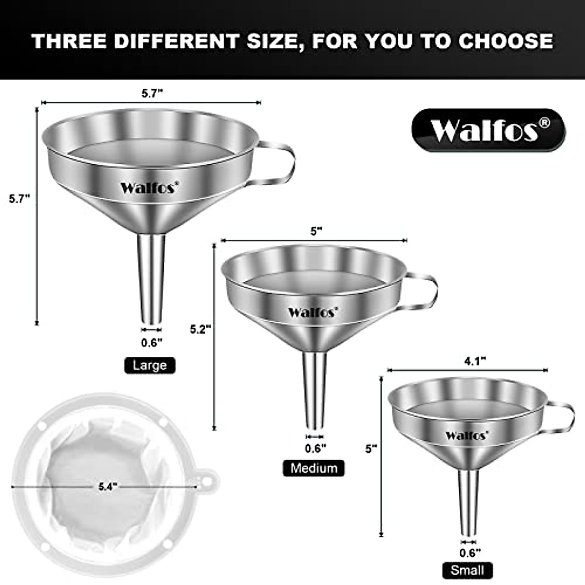 Walfos 3Pcs Kitchen Funnel with 2 Removable Strainer ＆ 1 Cleaning Brush & 1Pc 200 Mesh Food Filter Strainer, Food Grade Stainless Steel Funnel for Transferring of Liquid, Oils, Jam, Dry Ingredients