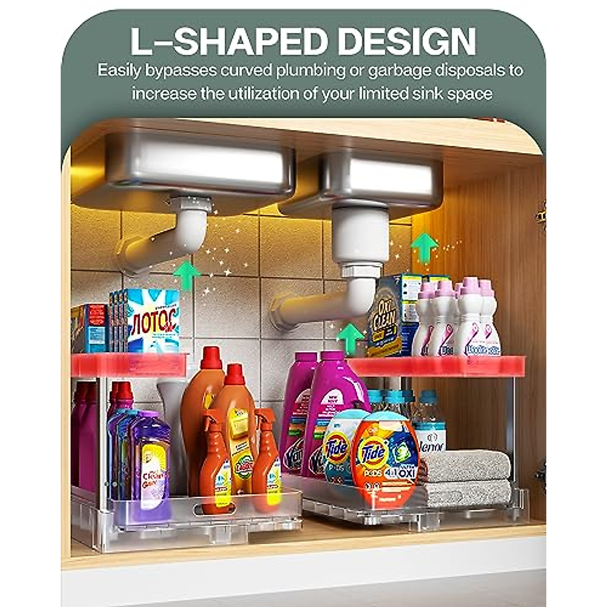 Under Sink Organizer and Storage with Under Sink Tray, 2 Tier Sliding Under Sink Shelf, L Shaped Pull Out Cabinet Basket Organizer, Slide Out Organizer Rack for Bathroom, Kitchen, 2 Pack, Clear