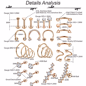 REVOLIA 32Pcs Stainless Steel Cartilage Stud Earrings for Women Conch Helix Tragus Daith Conch Hoop Earing Piercing Jewelry Set Rose-Gold