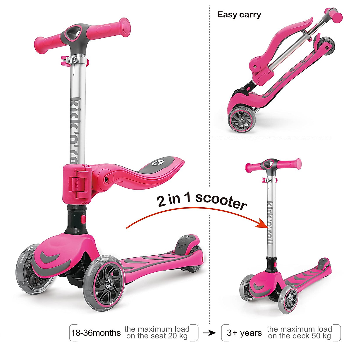 Kicknroll 3 Wheel Scooter for Kids Ages 3-5, Extra-Wide Deck Lean to Steer Foldable Toddler Scooter with Seat, 3 LED Light Wheels & 4 Adjustable Height, 110 Lbs Capacity- Pink 2 in 1 Kids Scooter