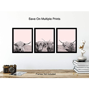 Cow Wall Decor - Cow Decorations for Home, Kitchen, Bathroom, Bedroom, Living Room, Apartment, Office - Highland Cow Gift for Women - Cute Unique Boho Cow Wall Art - 8x10 Pink Photo Picture Set