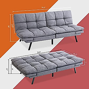 Opoiar Grey Fabric Futon Sofa Bed Couch,3" Memory Foam Loveseat Sofa Bed,71" L Modern Sleeper Sofa Bed with Covertible Armrests,Small Space Sofa Bed for Living Room,Home Office,Apartment