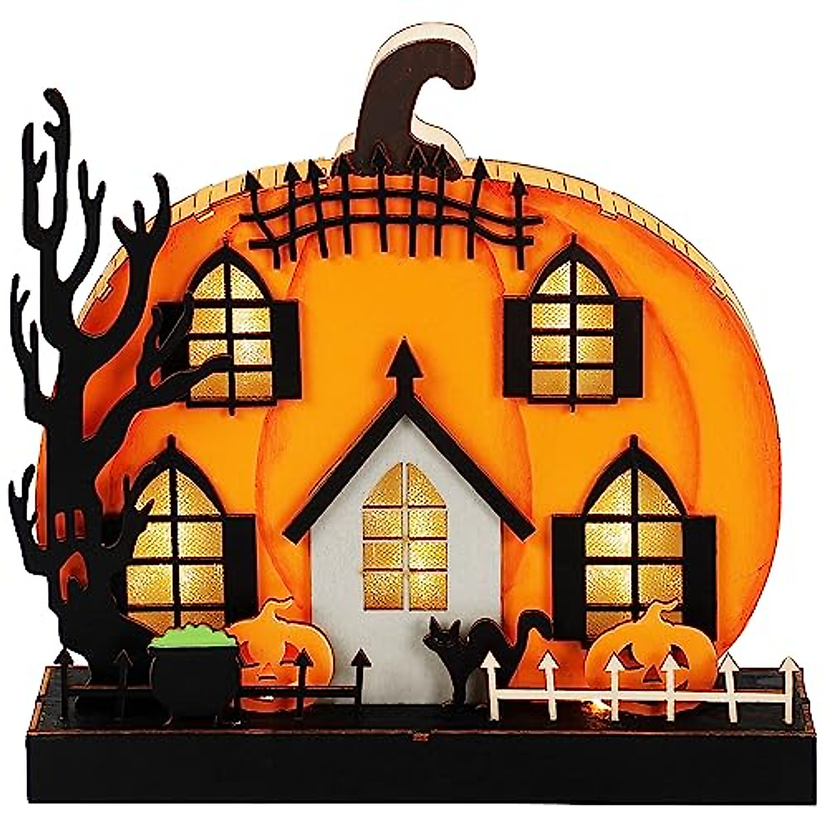 Lulu Home Halloween Tabletop Decoration, Wooden Lighted Pumpkin House Decoration Ornaments, Battery Operated Halloween Sign Indoor Fireplace Desk Kitchen Table Ornament, 9 x 9 x 2.1 in