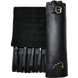 Heritage Handikrafts Genuine Lightweight Premium Leather Professional Black Chef Knife Bag/Chef Knife Roll 14 Slots Space