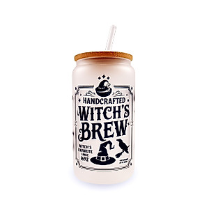 Hogg 16oz Halloween Glass Tumbler - Witch's Brew, Cute Halloween Cups, Halloween Tumbler with Lid and Straw, Spooky Gifts for Women and Adult Halloween Gifts, Witches Brew Cup, Witch Tumbler