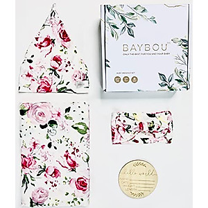 Baybou Baby Swaddle Set Bamboo Receiving Blanket for Hospital Swaddle Hat Bow Wood Announcement Gift Set for New Baby Arrival 4-Piece Complete Swaddle Set (Pink Rose)