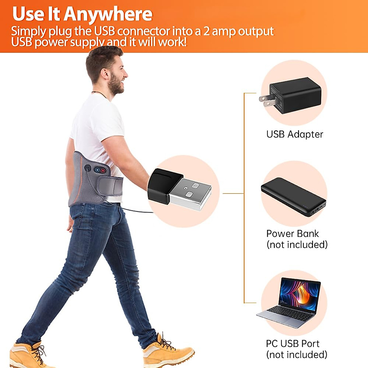 Comfheat Back Heating Pad with Vibration Massage for Lower Back Pain Relief USB Lumbar Heating Pads for Car Travel, Heated Waist Belt Warm Therapy Helpful for Lumbar Spine, Cramps (Non-Rechargeable)