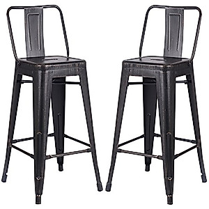 AC Pacific Modern Industrial Metal Bar Stool, Bucket Back and 4 Leg Design Ideal for Kitchen Island or Counter Top, Set of 2, 30" Seat, Distressed Black