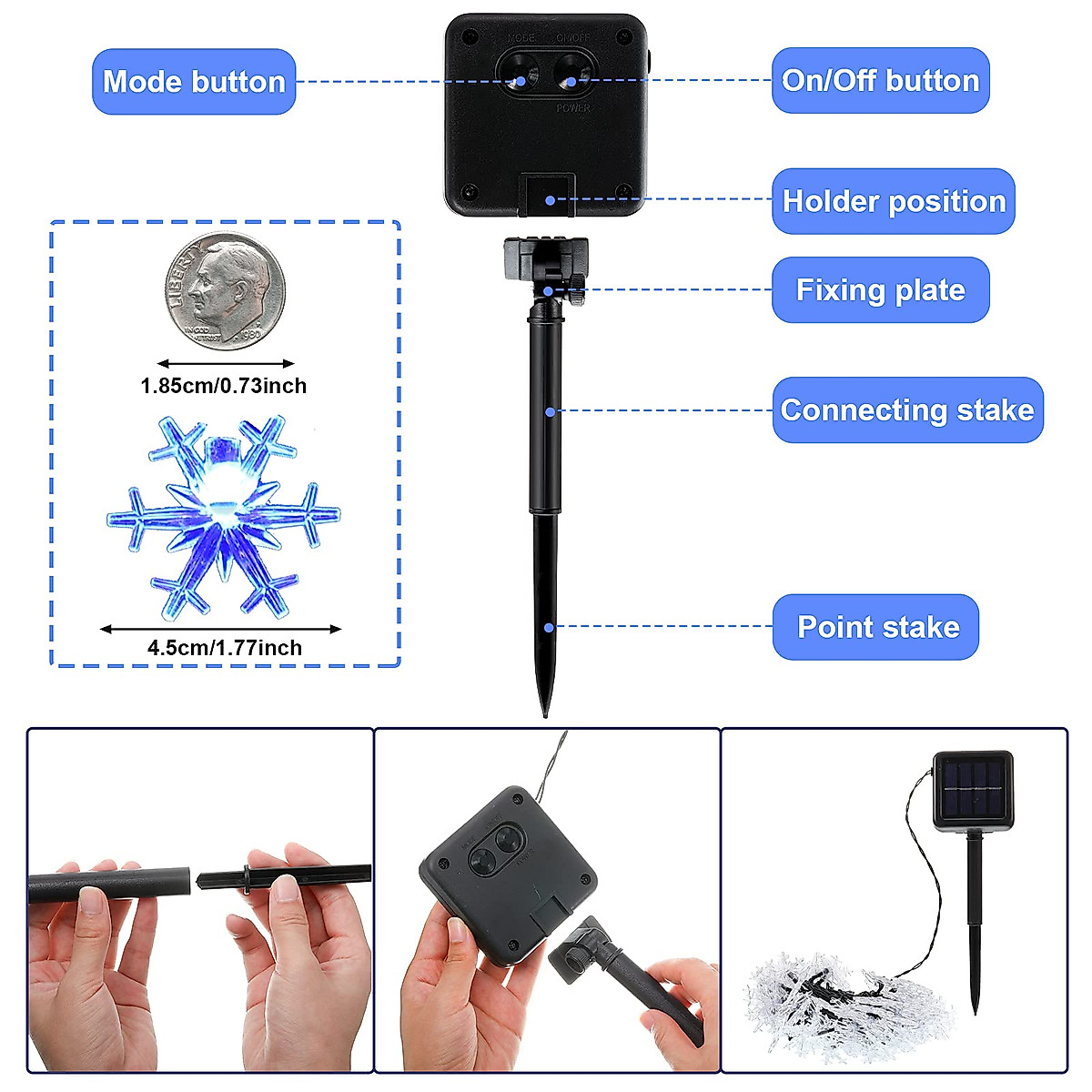 Snowflake Solar String Lights, 50LED 23ft 8 Modes Waterproof Solar Powered String Fairy Lights for Patio Home Gardens Outdoor Holiday Christmas Tree Party Decorations (Blue)