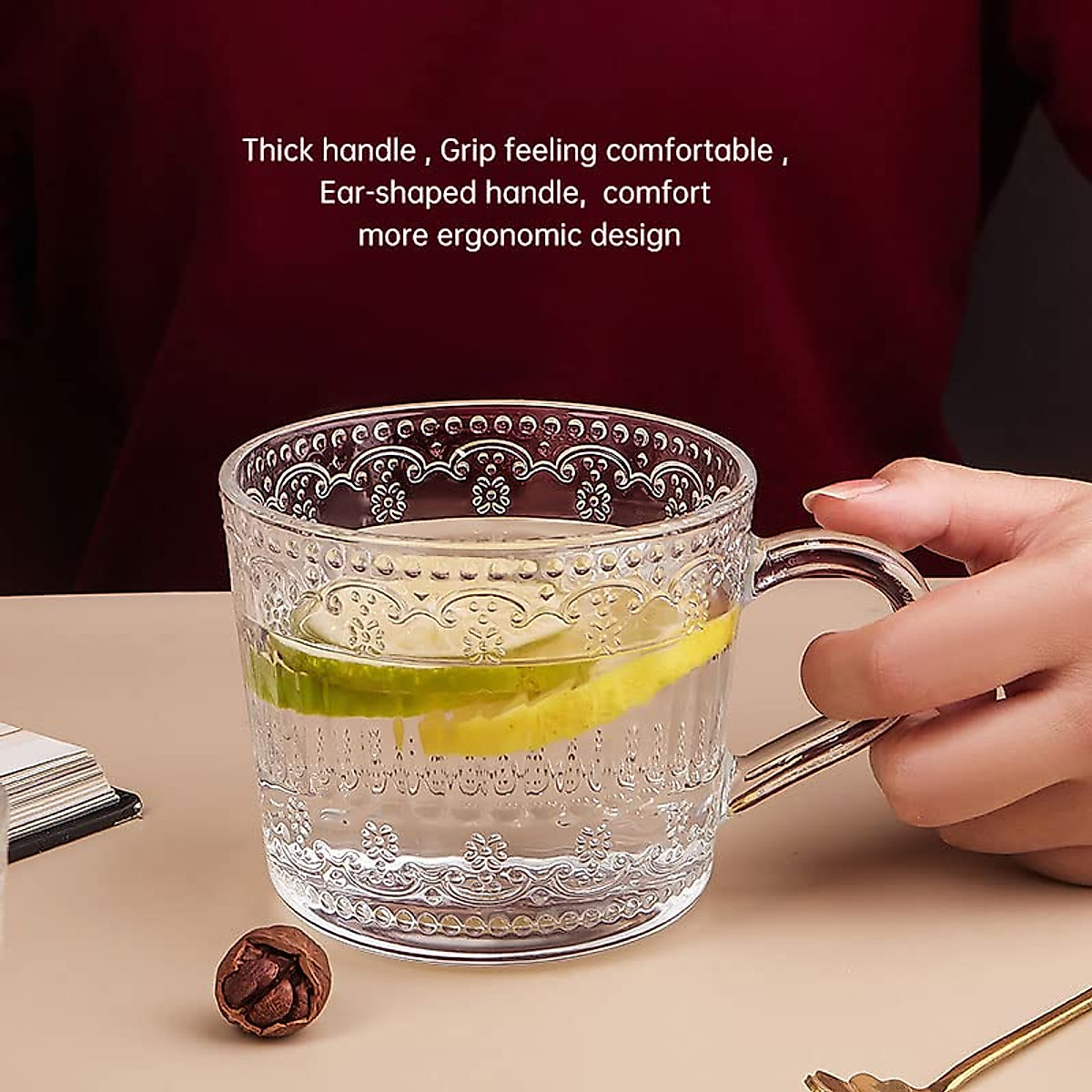 LOVWISH Glass Coffee Mugs, (2-Pcak) 14 Oz- Relief Clear Glass Cups With Bamboo Lids,Tea Cups, Coffee Cups,Espresso Cups, Latte Cups,Cereal Cups, Milk Cups, Beverage Cups, Christmas Thanksgiving Gifts