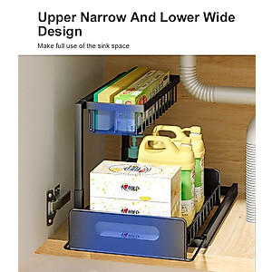 Under Sink Organizer and Storage for Kitchen Bathroom Cabinet - 2 Tier Slide Out Sink Shelf Cabinet Drawer - Store Large Items - No Drilling Rustproof Carbon Steel Shelf - Black - 1 Pack