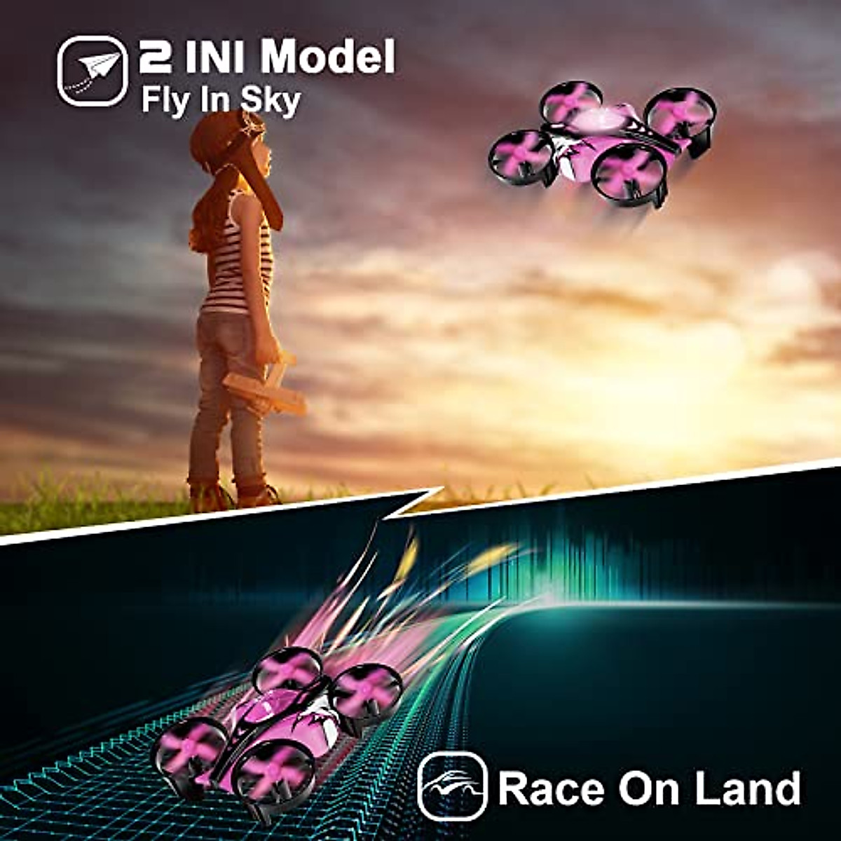 UNTEI 2 In 1 Mini Drone for Kids Remote Control Drone with Land Mode or Fly Mode, LED Lights,Auto Hovering, 3D Flip,Headless Mode and 3 Batteries,Toys Gifts for Boys Girls (Harbor Pink)