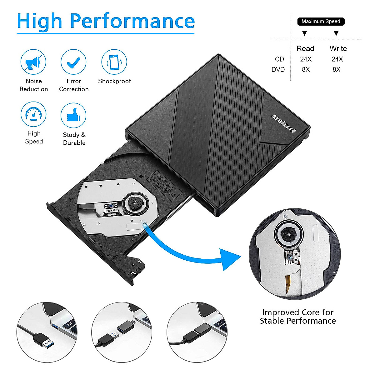 Amicool External DVD Drive USB 3.0 USB C CD Burner CD/DVD +/-RW Optical Drive Slim Portable DVD CD ROM Rewriter Writer Duplicator for Laptop Desktop PC Windows 10/8/7 MacBook Mac Linux OS Apple