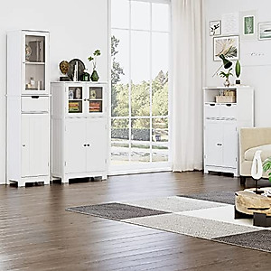 HORSTORS Bathroom Cabinet, Linen Storage Cabinet with Doors, Wooden Floor Cabinet with Adjustable Shelves for Bathroom, Living Room, Office, White