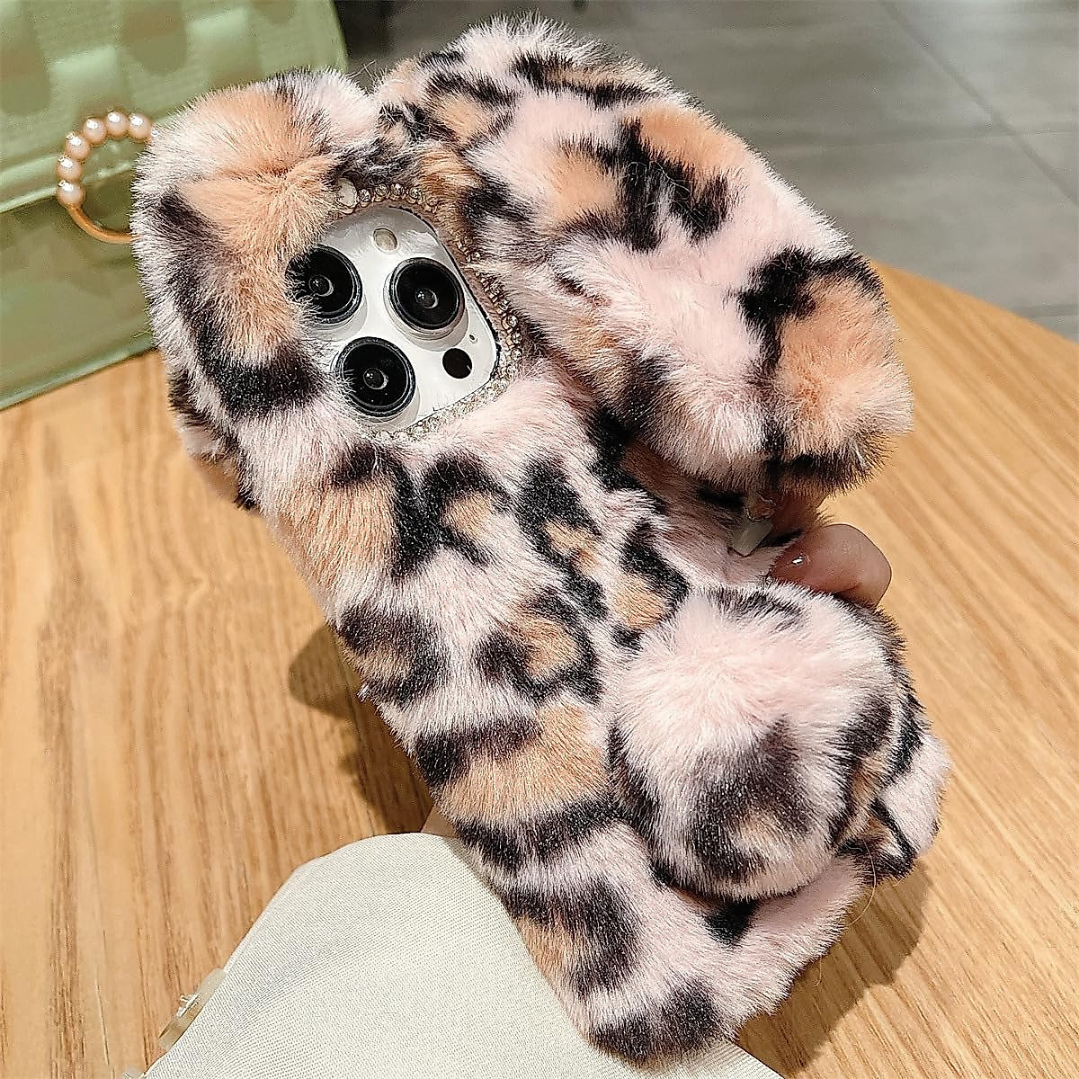 for Samsung A04/A04s Furry Case, Lucky Leopard Pattern Cute Rabbit Bunny with Soft Fluffy Ears Tail Doll Fuzzy Hair Fur Plush Phone Case Cover Women Girl