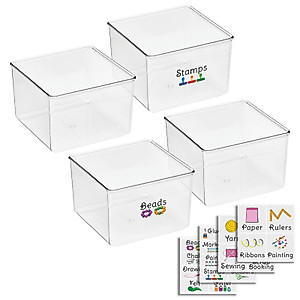 mDesign Stackable Plastic Craft, Sewing, Crochet Storage Container Box with Handles- Compact Organizer Bin, Holder for Thread, Beads, Ribbon, Glitter, Clay - 4 Pack, Includes 32 Labels - Clear
