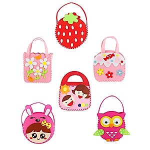 TOYANDONA 6 Sets Kids DIY Art Craft Cartoon Felt Owl Flower Strawberry Cake Girl Handbag Stitch Needle Thread Felt Non Woven Handbag for Beginner Children Girls Boy